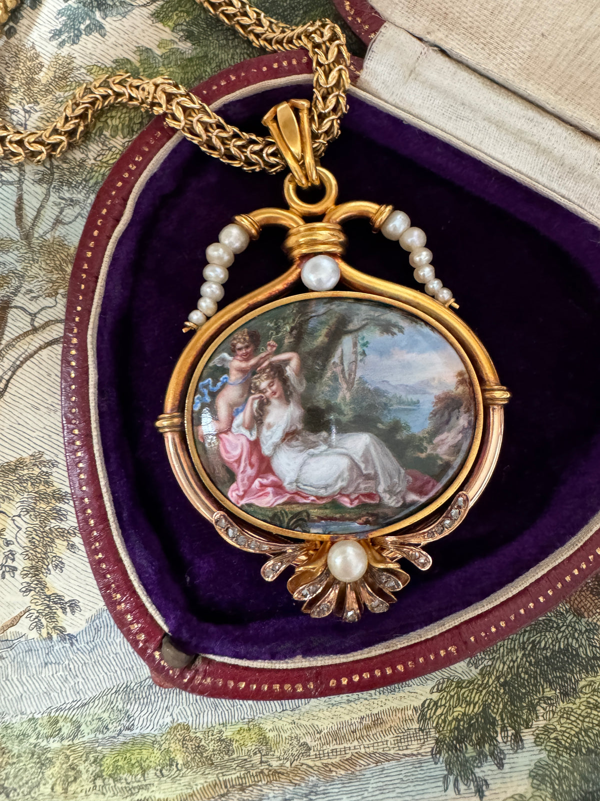 Late 19th C Enamel Miniature Pendant Necklace of Cupid and Psyche with ...