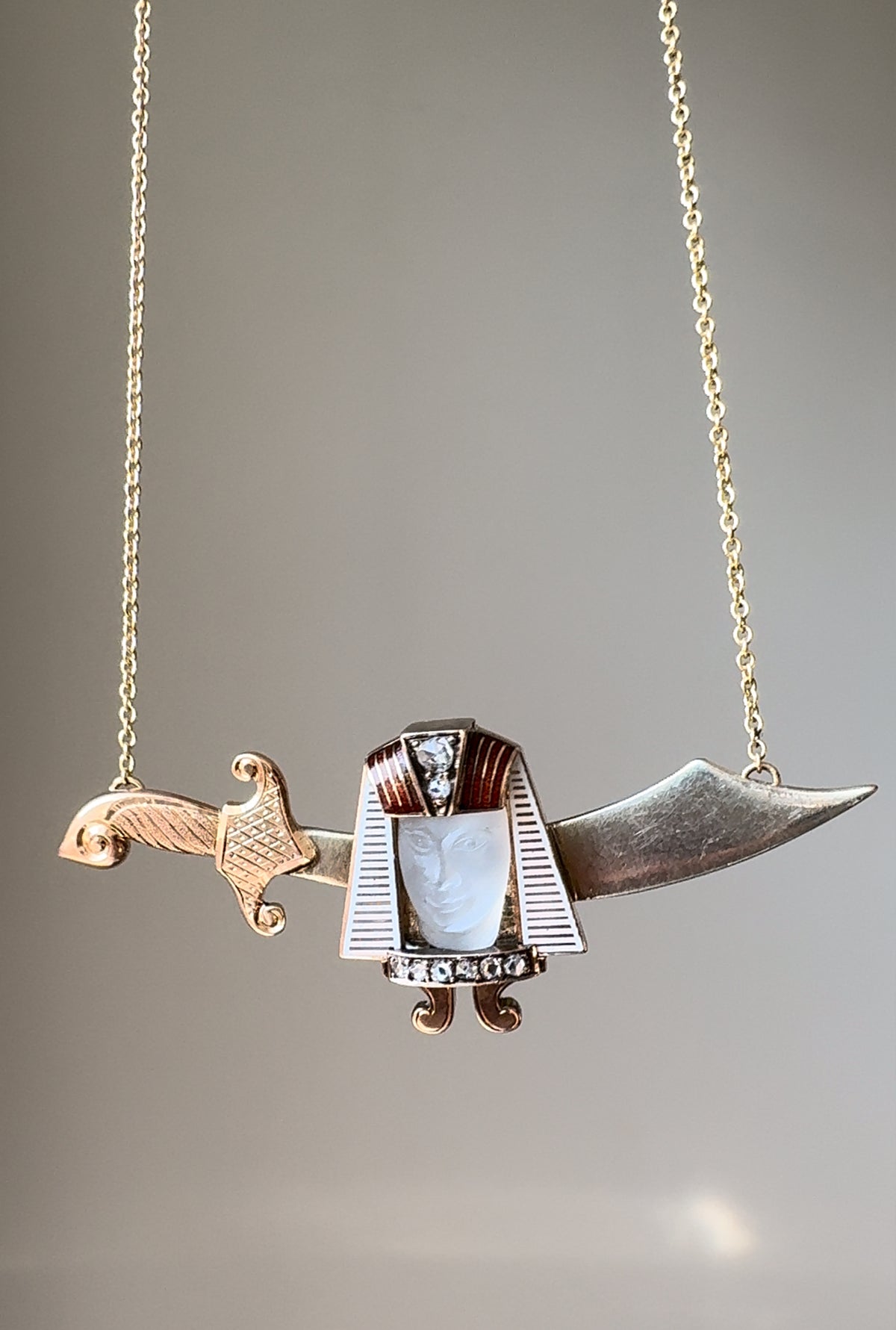 14K Egyptian Revival or Masonic Moonstone Pharaoh Cameo & Scrimitar Co ...