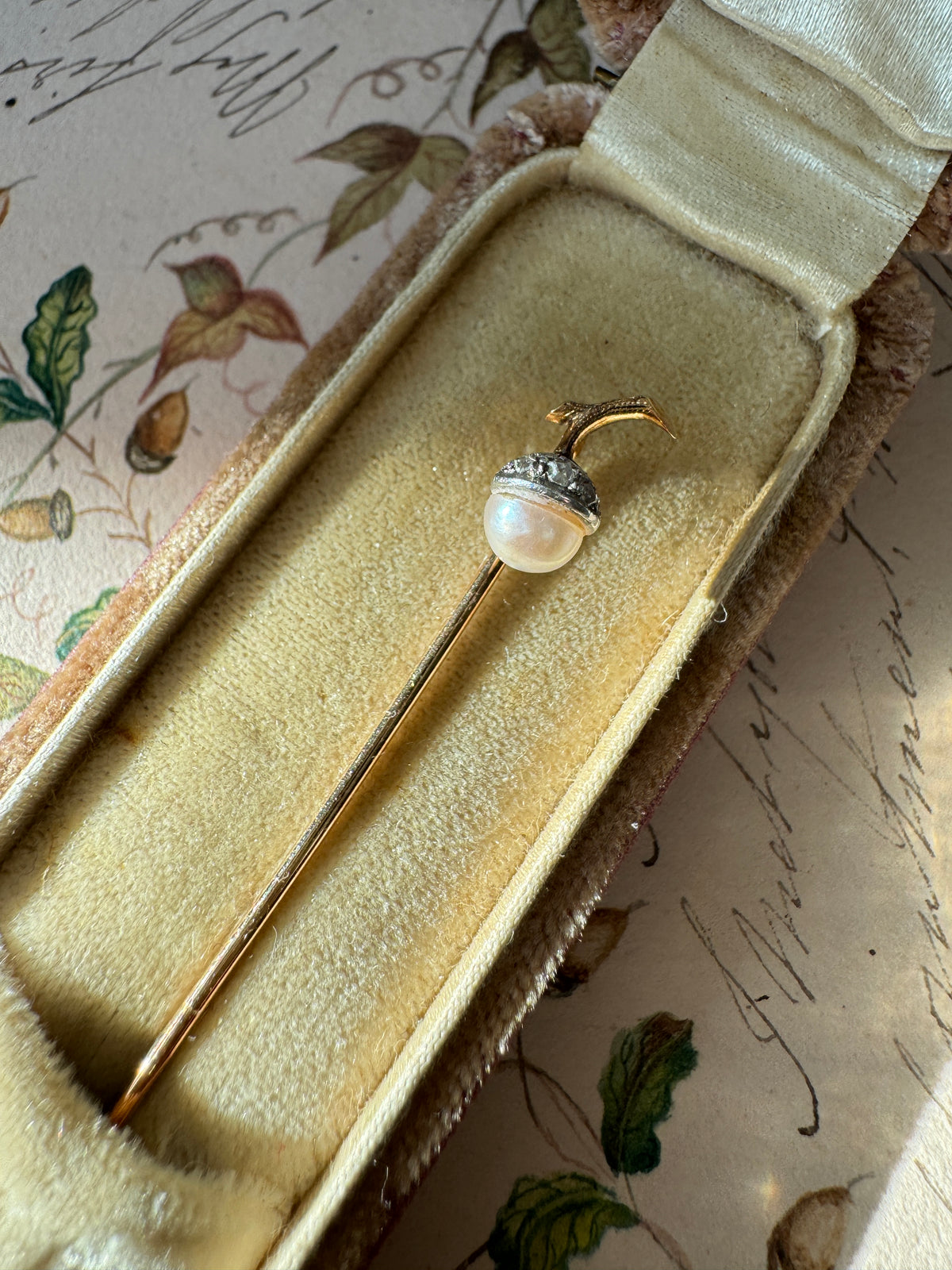 Edwardian Rose Cut Diamond and Pearl Acorn Stick Pin– Park Avenue Antiques