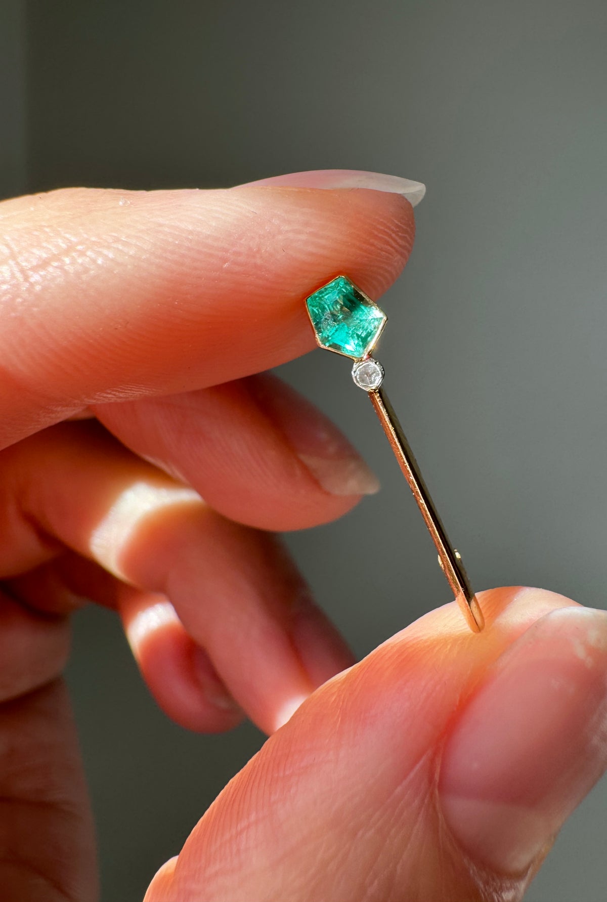 Art Deco Shield Cut Emerald and Rose Cut Diamond Pin - Swiss Hallmarks ...