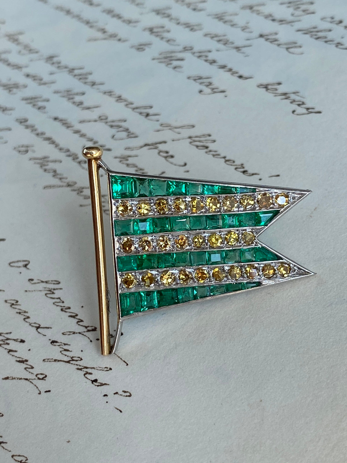 Cartier Art Deco Emerald and Fancy Yellow Diamond Nautical Burgee Pin ...
