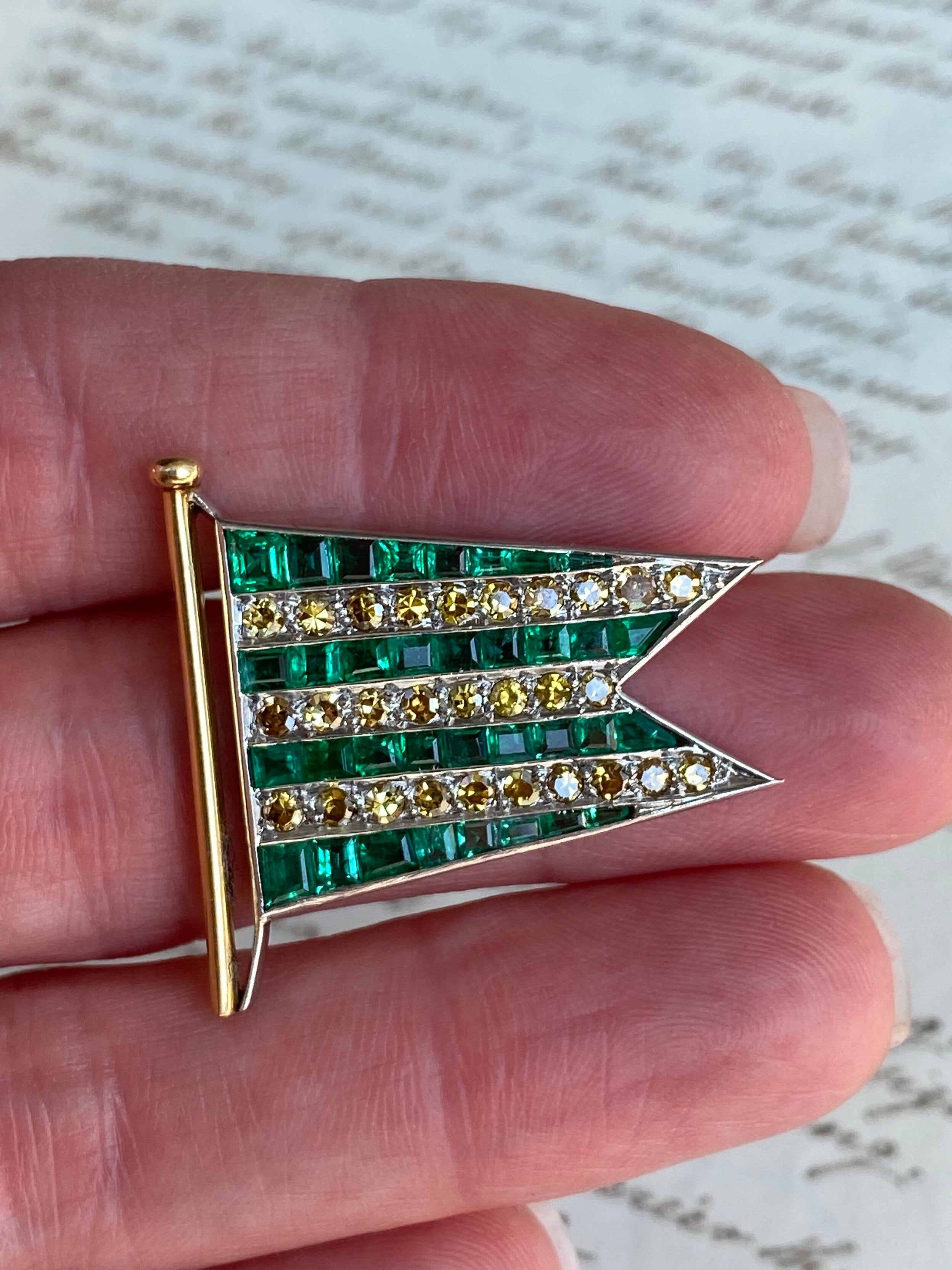 Cartier Art Deco Emerald and Fancy Yellow Diamond Nautical Burgee Pin ...
