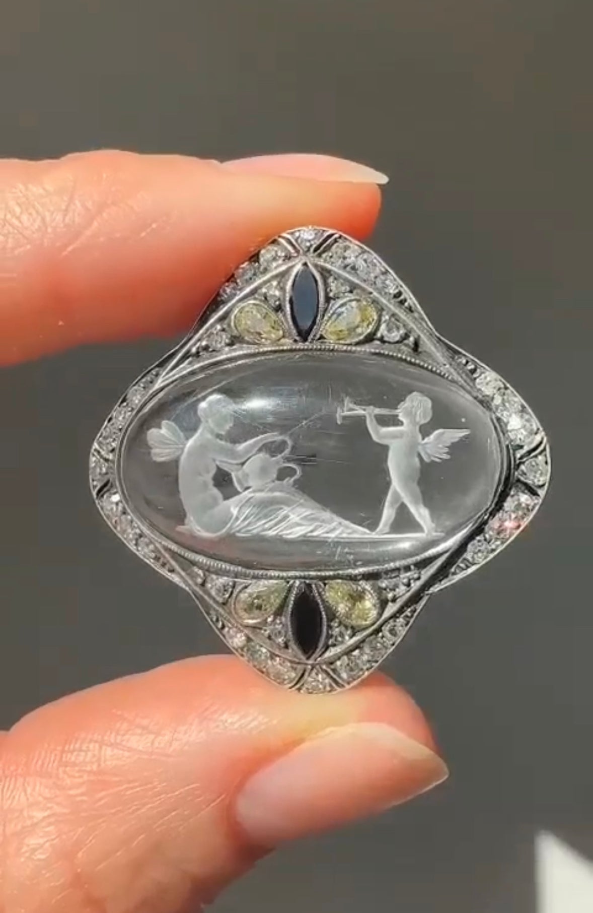 Edwardian Pistol and Pulker Rock Crystal and Diamond Intaglio Brooch o ...